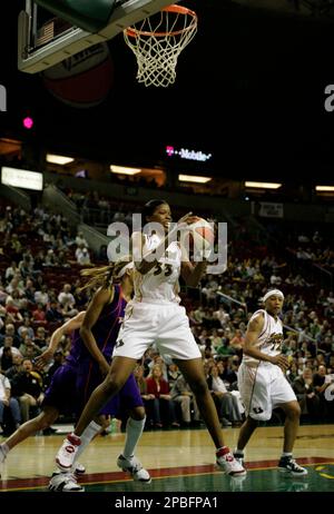 Seattle Storm center Janell Burse reacts to a call during the first ...