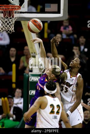 Seattle Storm center Janell Burse reacts to a call during the first ...