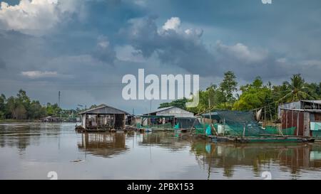 Floating fish farms on a Mekong river tributary near Tan Chau in the ...