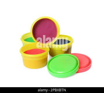 Plastic containers with colorful play dough on white background Stock ...