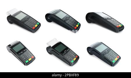 Set with modern payment terminals on white background. Banner design ...