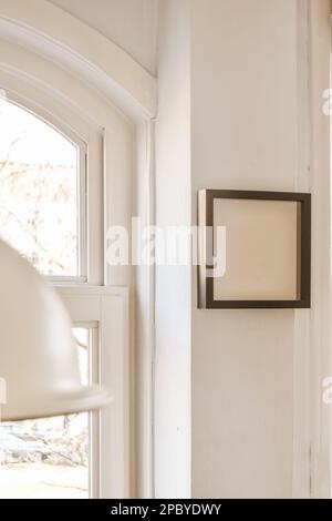 indoor room space window frame outside view yellow leaves autumn time ...