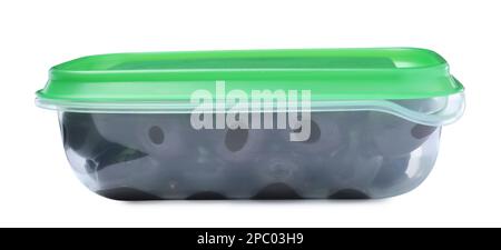 Fresh black olives in plastic container isolated on white Stock Photo ...