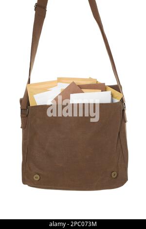 Postman bag with mails on brown background, top view Stock Photo - Alamy