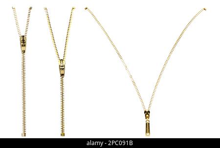 Open metal zippers for clothing on white background Stock Photo - Alamy