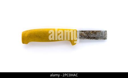 Rusty and worn chisel knife with case, used tool isolated on white ...