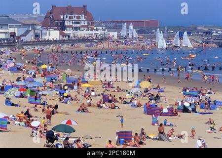 The beach and seafront in summertime at Gorleston-on-Sea Beach, near Great Yarmouth. Norfolk ...