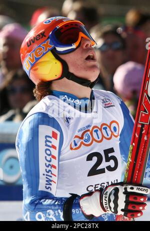 Nadia Styger, of Switzerland, reacts after setting the fastest time ...