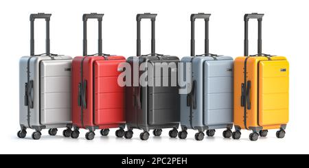 Suitcases of different colors isolated on white background. 3d ...