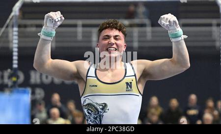 Navy gymnast Riley Rose reacts after finishing his routine during an ...
