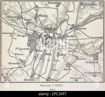 POSEN POZNAN antique town city plan miasta. Poznań. Poland mapa, 1886 ...