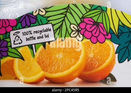 Recyclable logo symbol on bottle of orange Juice Burst drink set on ...