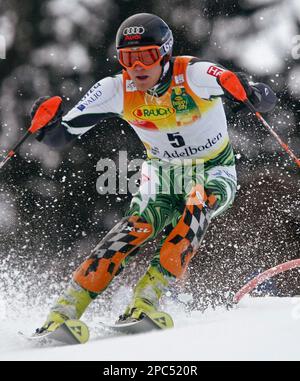 Ski racer Kalle Palander from Finland clears a gate in the first run of ...