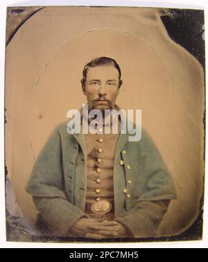 Unidentified soldier in Union greatcoat with forage hat standing with ...