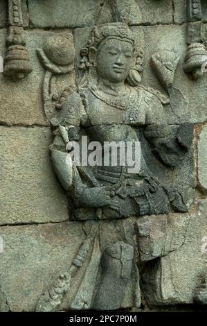 Reliefs on Buddhist temple walls, Plaosan Lor, Candi Plaosan, Prambanan ...
