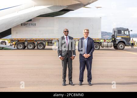 12 April 2023, Rwanda, Kigali: Special containers from Biontech are ...