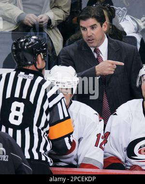 Carolina Hurricanes coach Peter Laviolette addresses a joint session of ...
