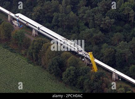 An aerial view of the damaged magnetic train Transrapid on its elevated ...