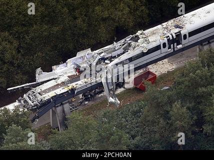 An aerial view of the damaged magnetic train Transrapid on its elevated ...