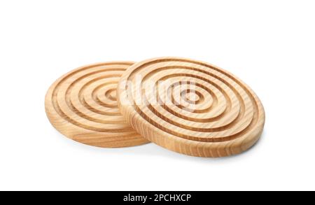 Stylish wooden cup coasters on white background Stock Photo - Alamy