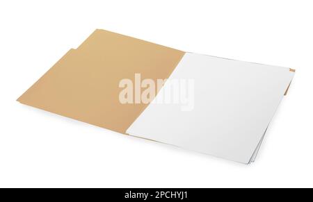 Yellow file with blank sheets of paper and green pen isolated on white ...