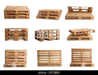 Set with wooden pallets on white background. Banner design Stock Photo ...