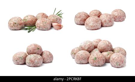 Set with fresh raw meatballs on white background Stock Photo - Alamy
