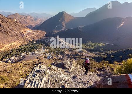 Climbing up from Bald Sayt village on a traverse of the Western Hajar ...