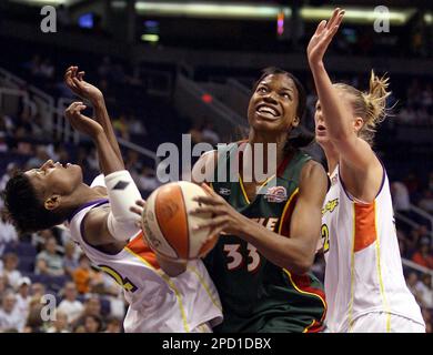 Seattle Storm center Janell Burse reacts to a call during the first ...