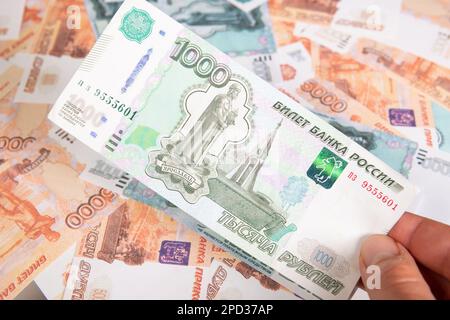 Russian rubles. Russian money. Different denomination of bills. Close ...