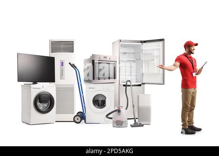 Appliance sales associate presenting electrical appliances to an ...