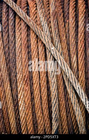 Twisted rope metal cables coiled in factory warehouse Stock Photo - Alamy