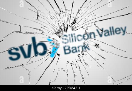 Santa Clara, USA, March 2023: Broken glass with the Silicon Valley Bank ...