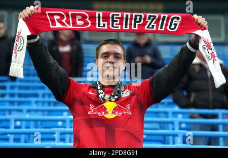 Red Bull Leipzig fans pose for photographs before the UEFA Champions ...