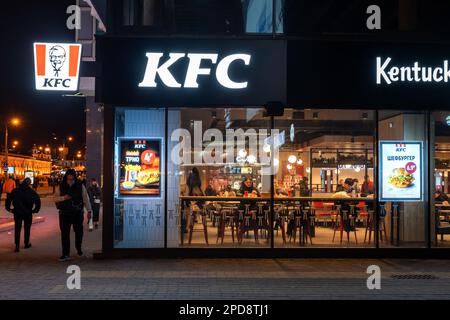 KFC restaurant exterior and interior in the center of the city. KFC is ...