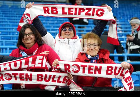 Red Bull Leipzig fans pose for photographs before the UEFA Champions ...