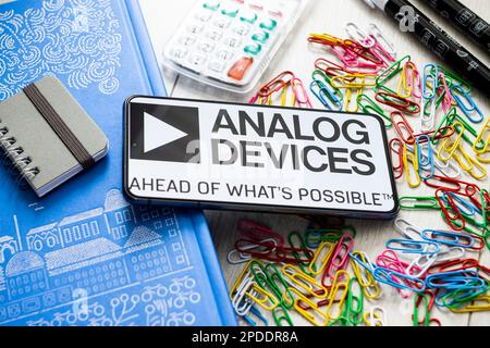 In this photo illustration an Analog Devices logo seen displayed on a ...