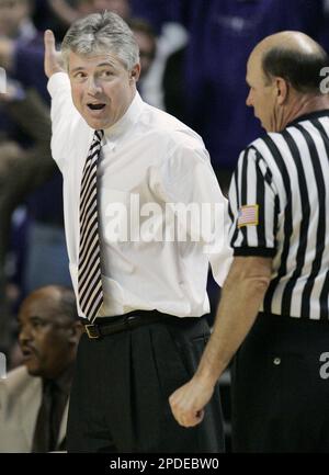 Kansas State coach Jim Wooldridge yells at a game official after a foul ...