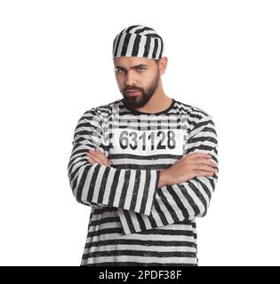 Prisoner in special uniform on white background Stock Photo - Alamy