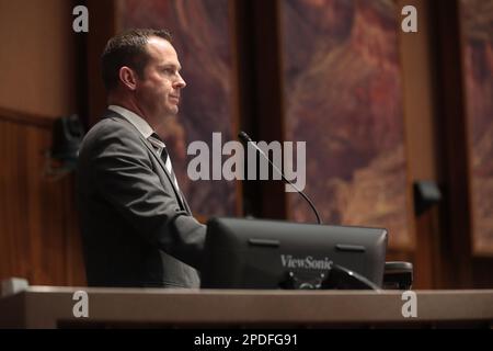 Phoenix, Arizona, USA. 14th Mar, 2023. Arizona State Representative Alexander Kolodin speaks on ...