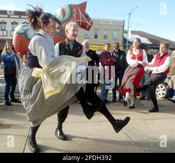Swedish traditional folk dancers in traditional dresses at Skansen Park ...