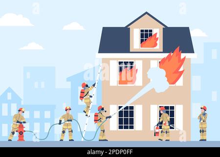 Firefighters at burning house. Fireman characters extinguish fire ...