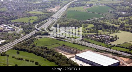 aerial view looking south of the M62 J32a & A1(M) motorway interchange ...