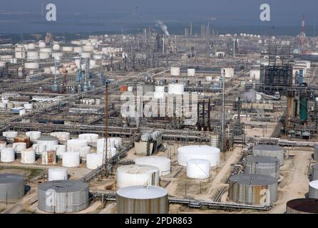 Aerial view of oil refineries along the Houston Ship Channel in Houston ...