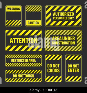 Various yellow warning signs with diagonal lines. Attention, danger or ...
