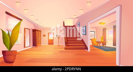 Cartoon interior with staircase. Cozy hallway room, home inside and two ...