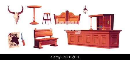 Cartoon set of cowboy saloon interior elements isolated on white ...