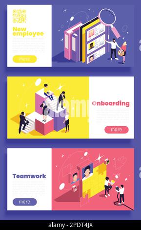 Onboarding isometric horizontal web banners set with new employees and ...