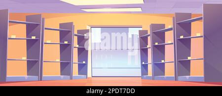 Blank shelves in supermarket aisle. Cartoon vector background with ...