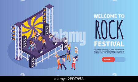 Rock star horizontal banner with metal concert symbols isometric vector ...